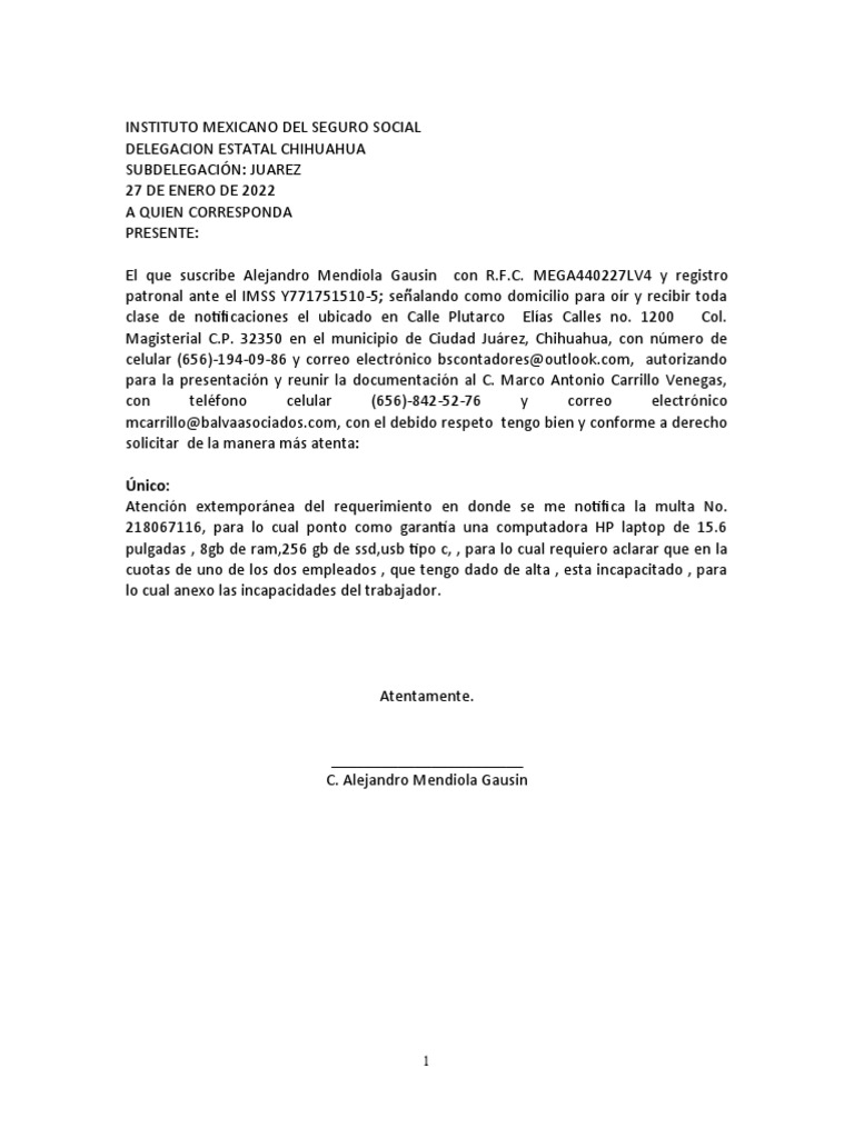 Escrito Libre Reactivacion Registro Patronal Alejandro Mendiola Gausin | PDF