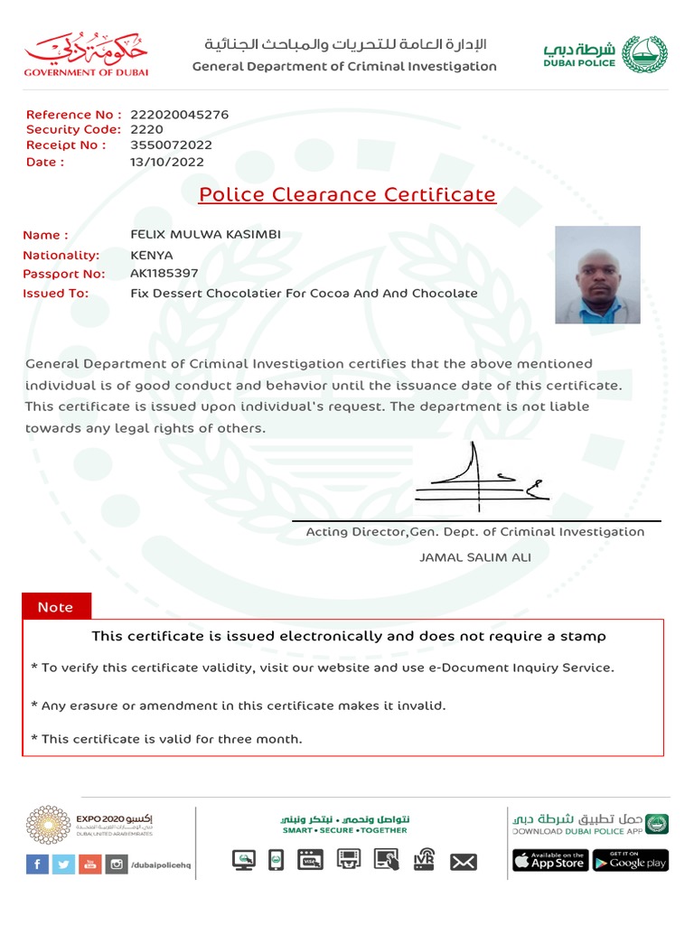 Police Clearance Certificate: Reference No: Security Code: Date ...