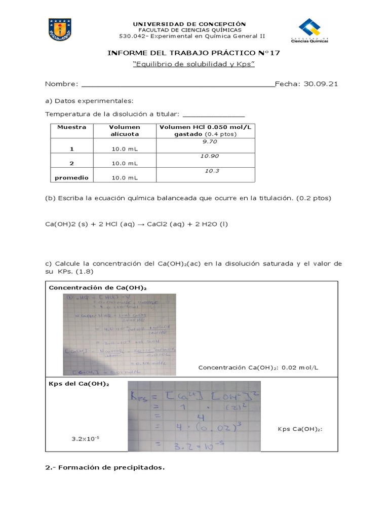 Informe 17 - Equilibrio de Solubilidad y Kps-1 | PDF | Cantidades fisicas | Mecánica de Medios ...