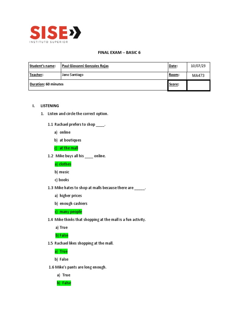 Final Exam Basic 6 | PDF | Money | Business