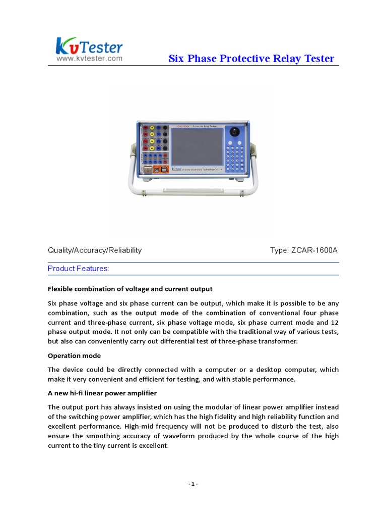 ZCAR-1600A Six Phase Protective Relay Tester Introduction | PDF ...