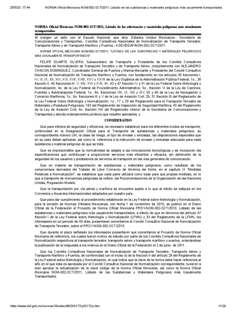 NORMA Oficial Mexicana NOM-002-SCT_2011, Listado de Las Substancias y ...