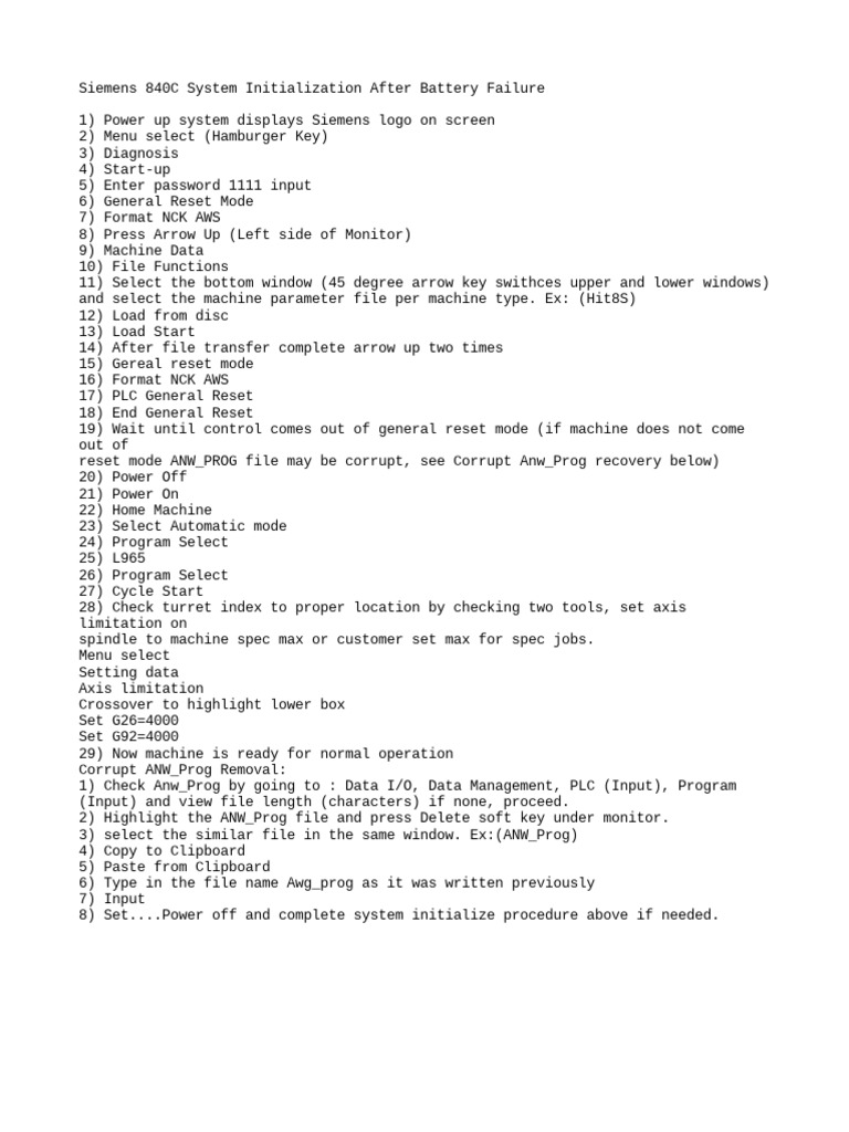 Siemens 840C System Initialization After Battery Failure | PDF
