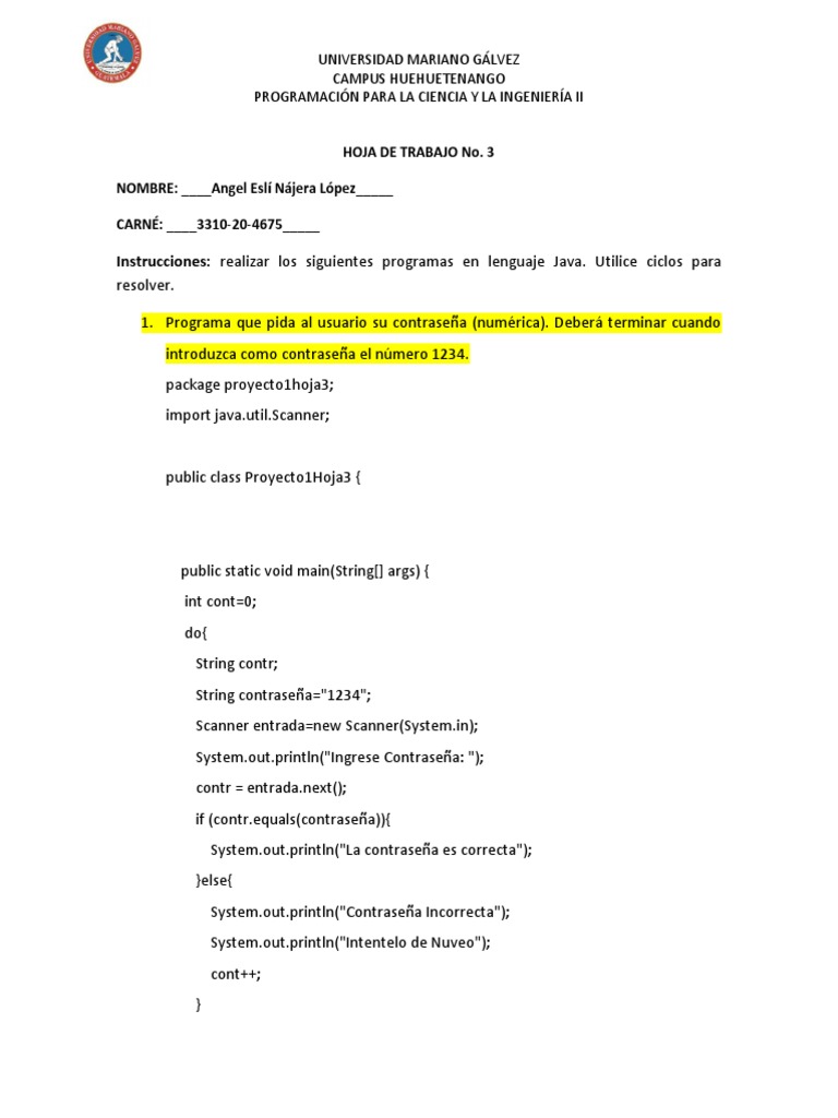 Hoja de Trabajo No. 3 | PDF | Java (lenguaje de programación) | Informática teórica