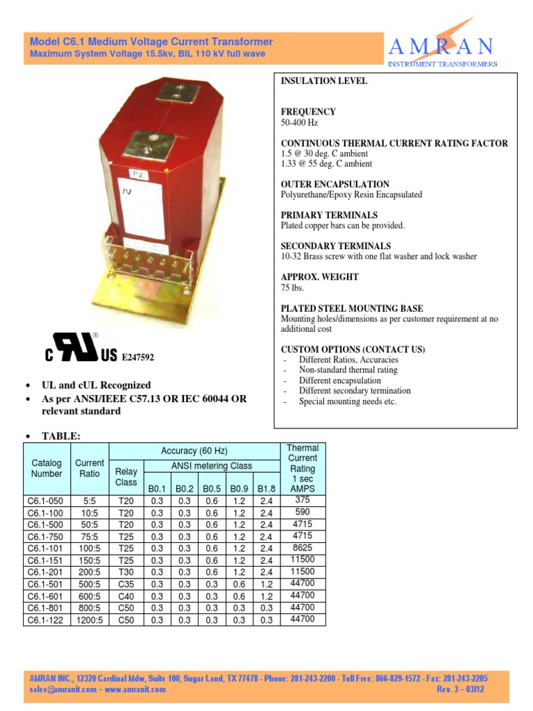 Model C6.1 Medium Voltage Current Transformer: Insulation Level ...