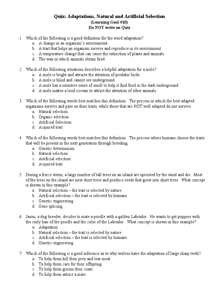 Adaptations & Selection Quiz | PDF | Natural Selection | Adaptation