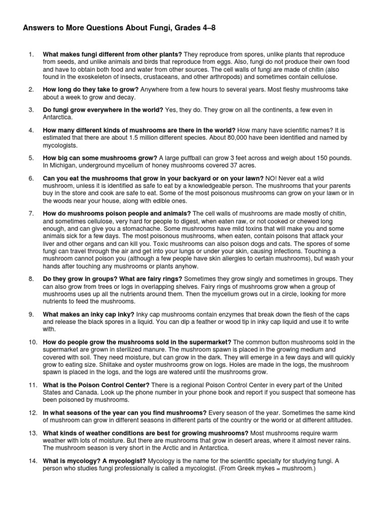 Answers To More Questions About Fungi | PDF | Fungus | Mushroom