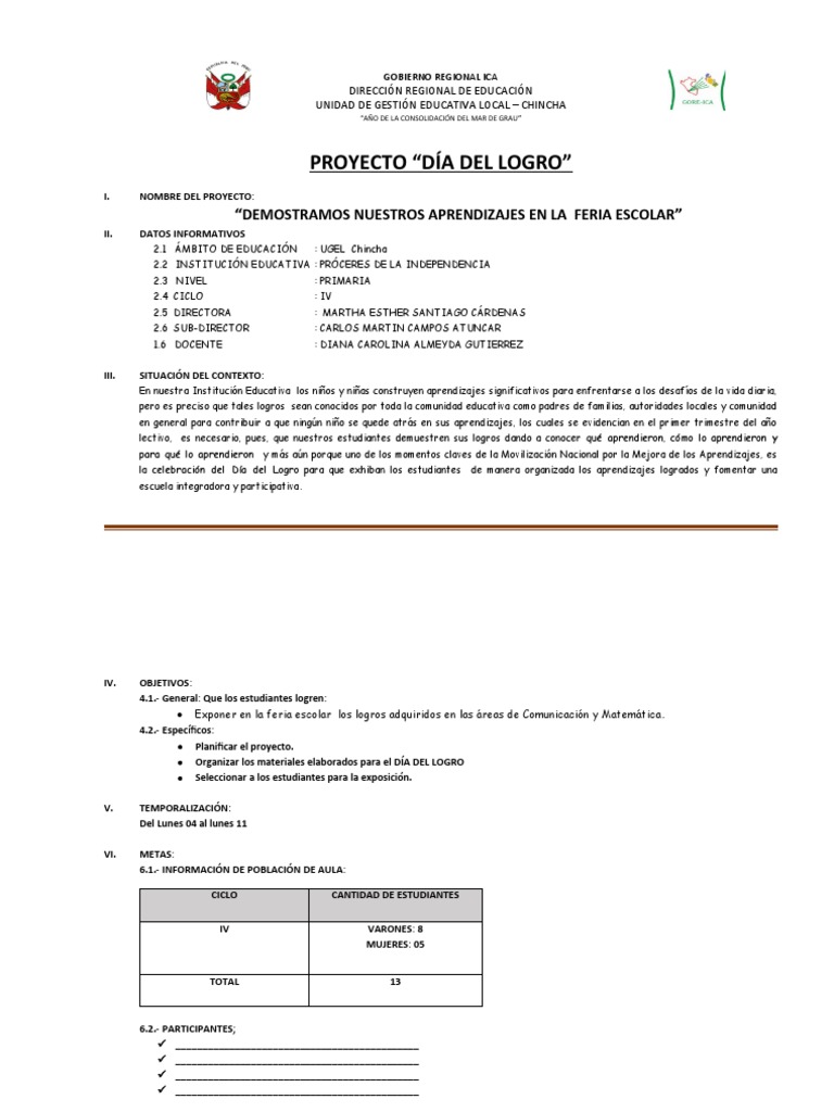 PROYECTO Primer Dia Del Logro | PDF | Evaluación | Comunicación
