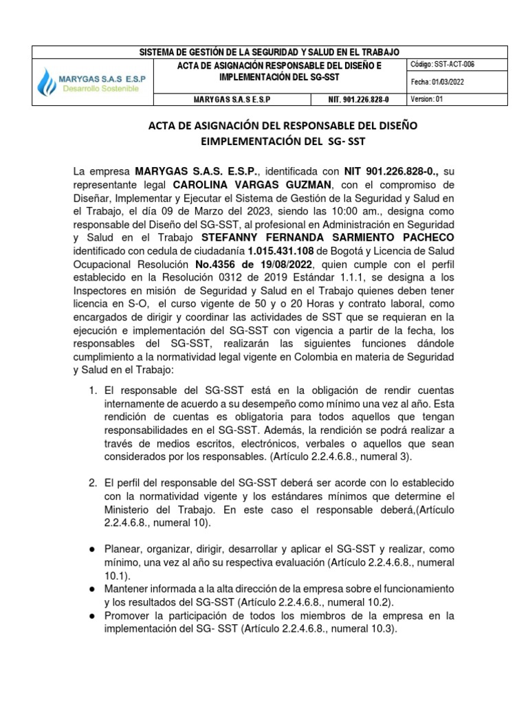 Sst-Act-006 - Acta de Asignación Del Responsable Del Diseño e ...