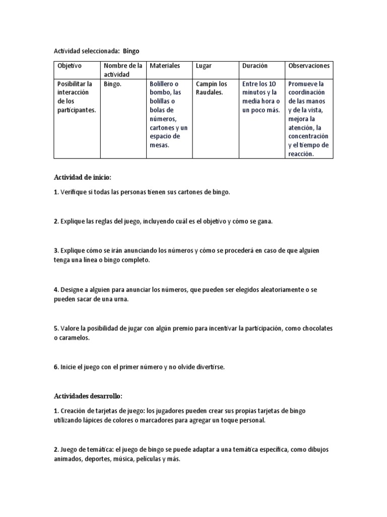 Actividades y Reglas del Bingo | PDF | Juego de azar | Entretenimiento