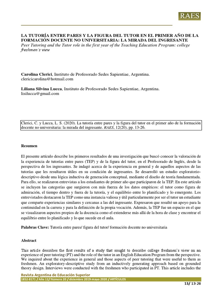 Peer Tutoring and The Tutor Role in The First Year of The Teaching Education Program: College ...