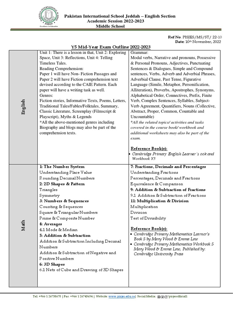 Y5 Mid-Year Exam Outline 2022-2023 | PDF | English Language | Verb