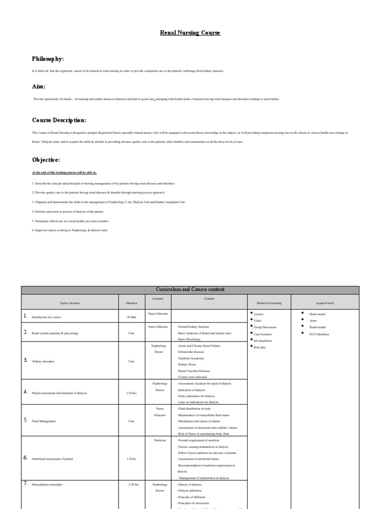 Renal Nursing Course | PDF | Hemodialysis | Nephrology