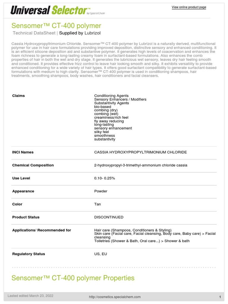 Sensomer™ CT-400 polymer - Lubrizol | PDF | Shampoo | Materials