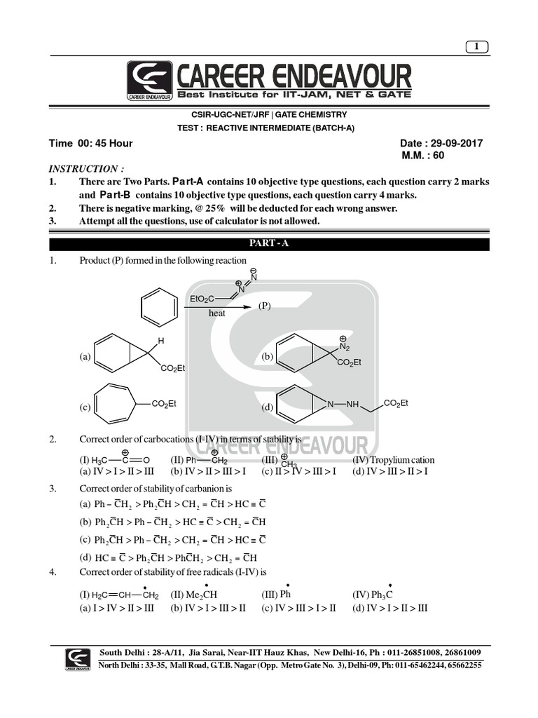 Reactive Intermediate Test | PDF | Carbon Compounds | Chemistry