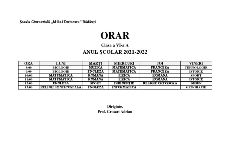 Orar Clasa A VI-A A 2021-2022 | PDF