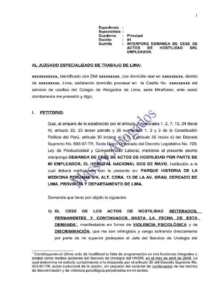 Modelo de Denunicia Hostilidad | PDF
