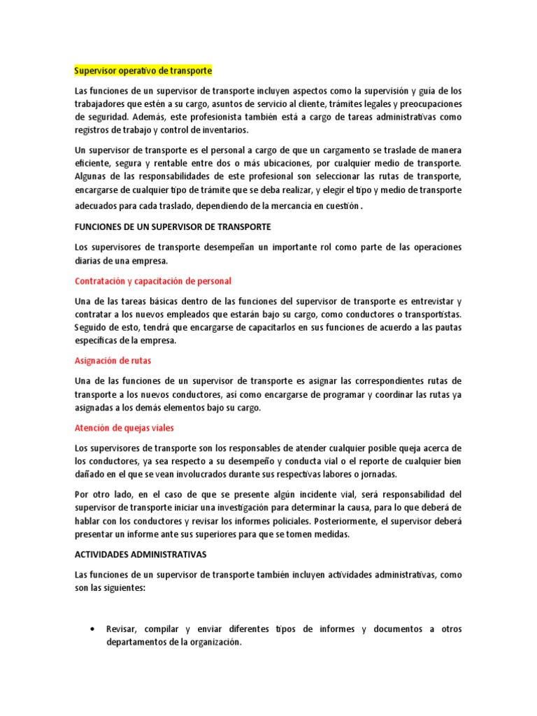 Funciones del Supervisor de Transporte | PDF | Logística | Transporte