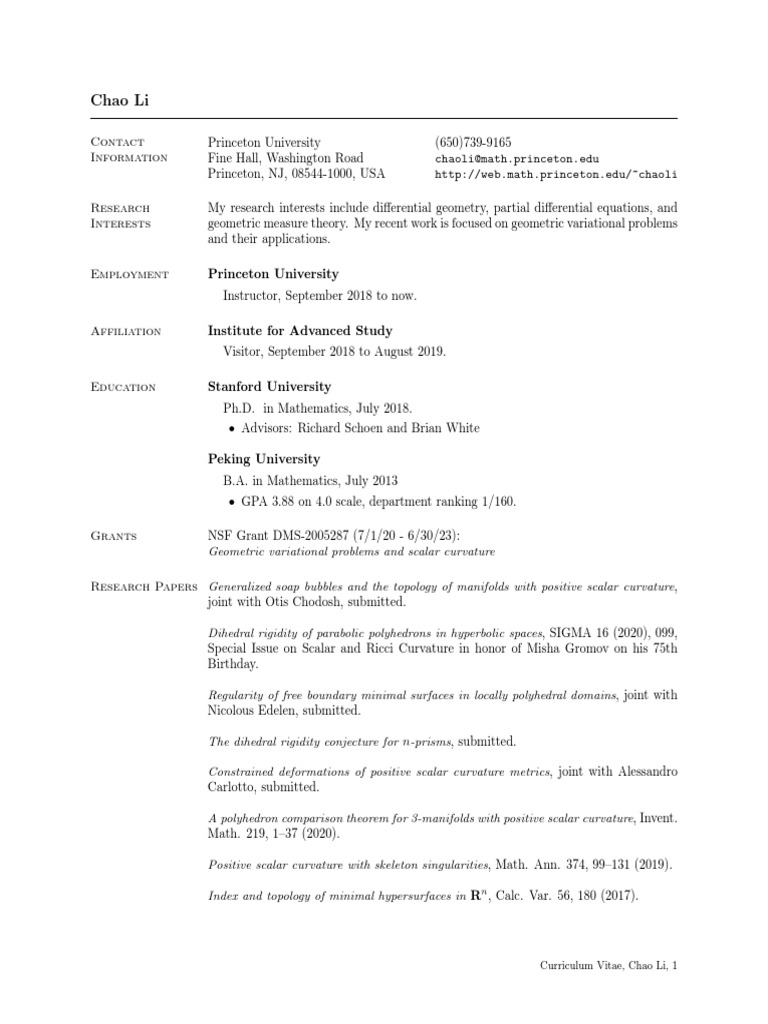 Chao Li CV | PDF | Mathematical Analysis | Geometry