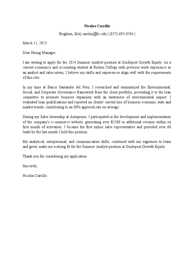 Cover Letter For 2024 Guidepost Growth Equity | PDF