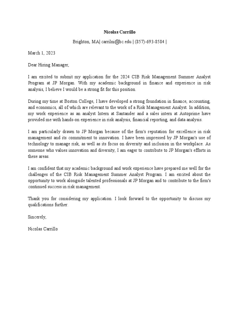 Cover Letter For JP Morgan CIB | PDF