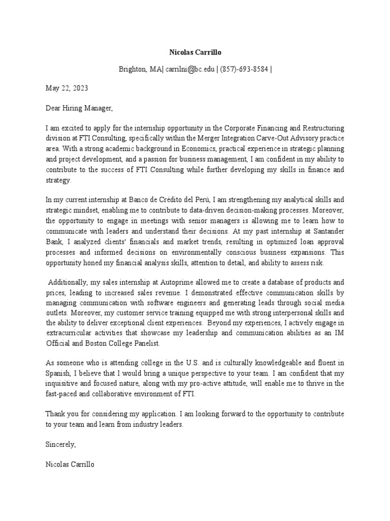 Cover letter FTI | PDF