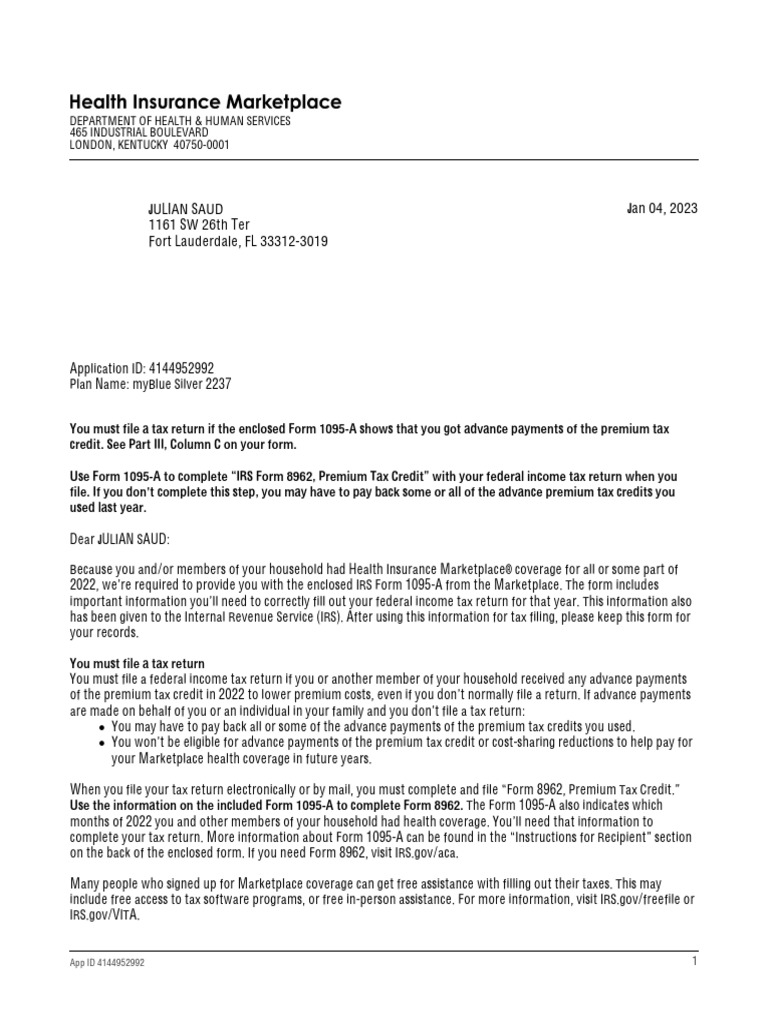 Julian Saud 1095a 2022 | PDF | Tax Return (United States) | Insurance
