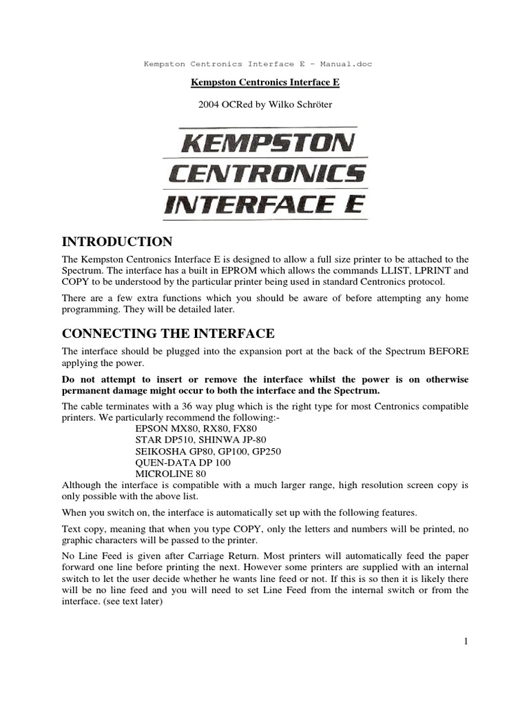 KempstonCentronicsInterfaceE Manual | PDF | Printer (Computing) | User Interface