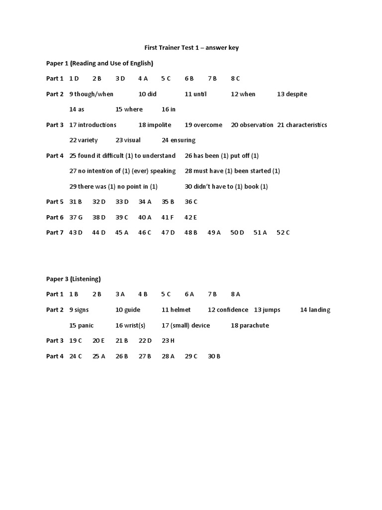 First Trainer Test 1 (Answers) | PDF