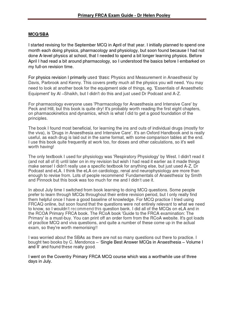 Primary FRCA Exam Guide DR Helen Pooley | PDF | Pharmacology