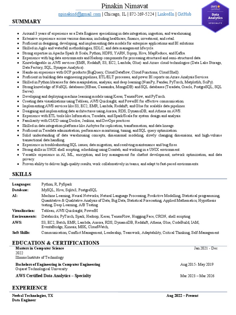 Pinakin Resume | PDF | Apache Spark | Apache Hadoop