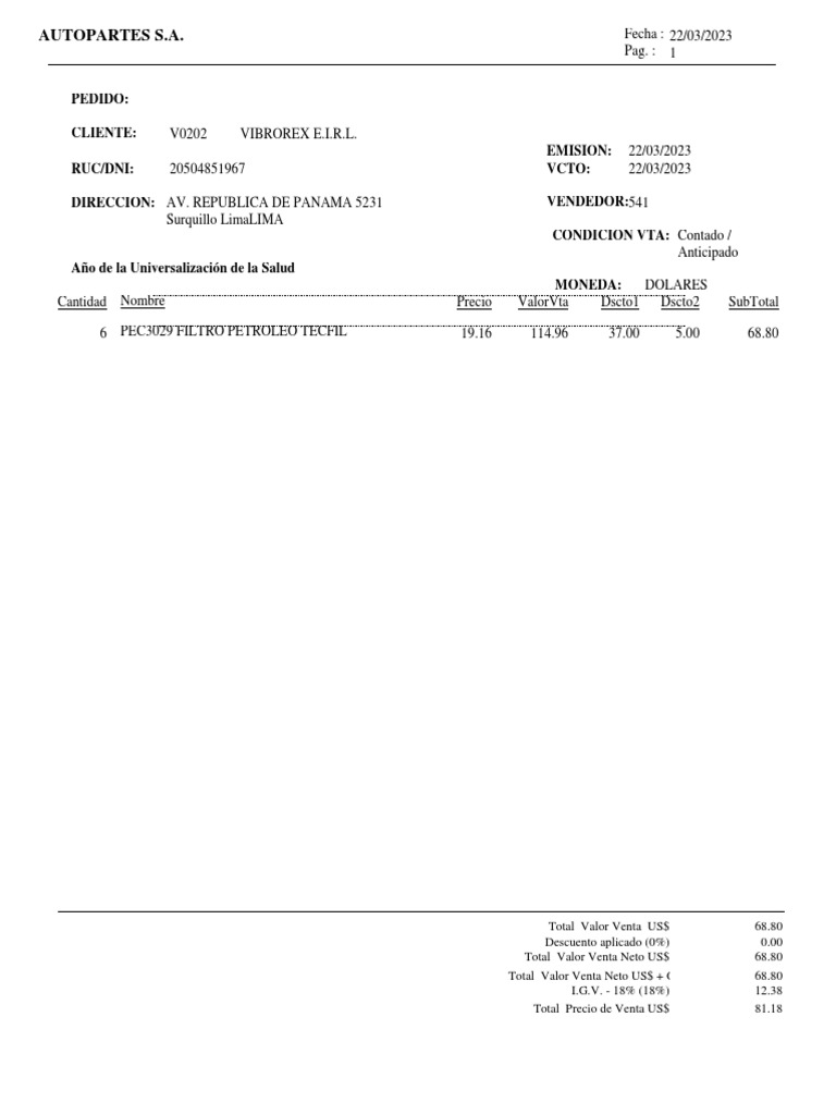 VIBROREX E.I.R.L. Cotizacion Total | PDF