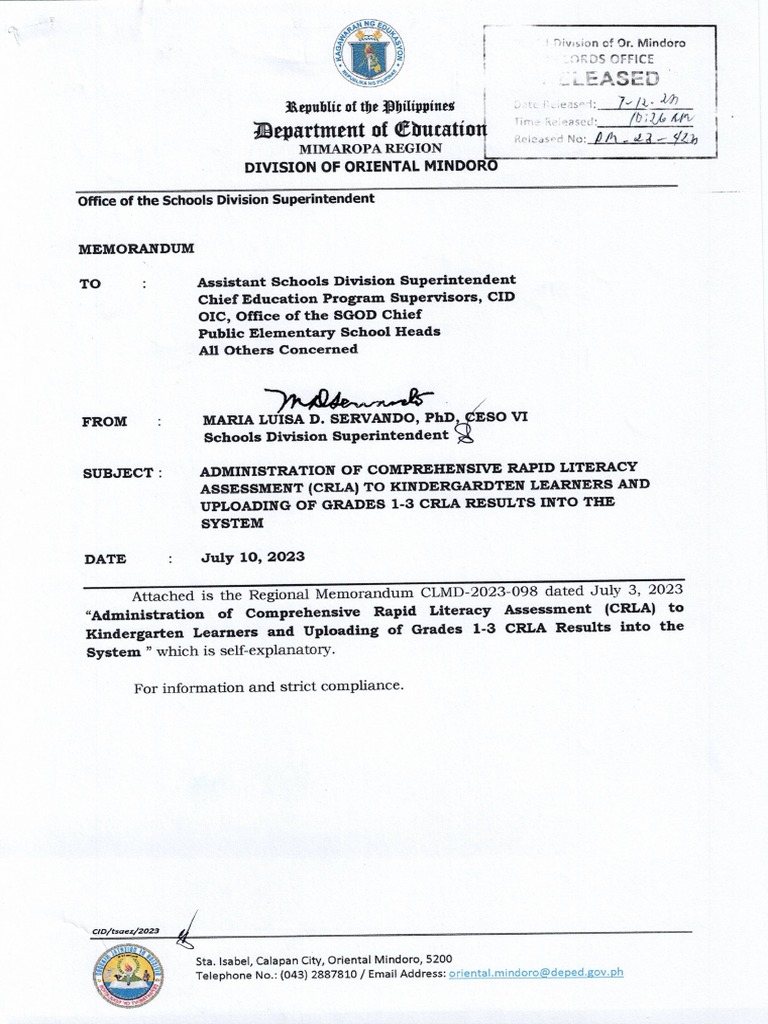 Dm Administration Of Comprehensive Rapid Literacy Assessment Crla To