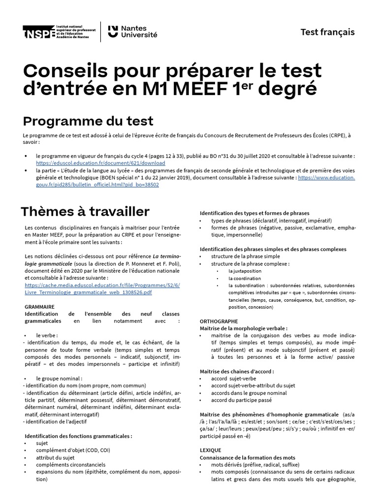 Préparation au test M1 MEEF 1er degré | PDF | Verbe | Typologie ...