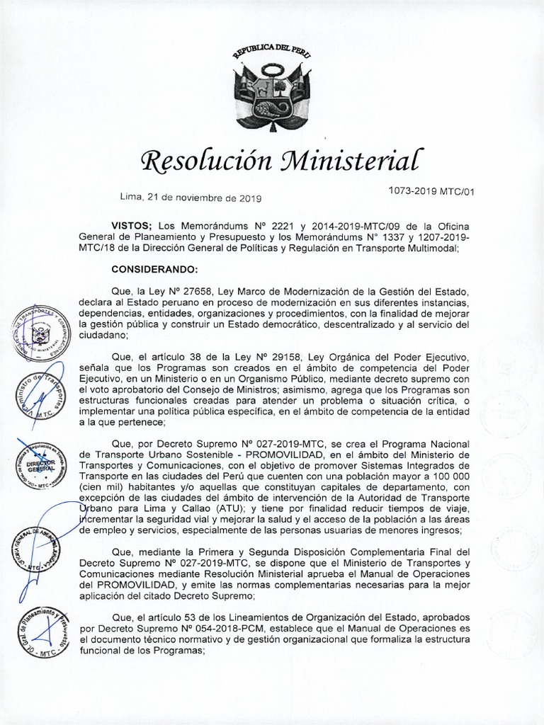 RM - N - 1073-2019-MTC - 01 Manual | PDF | Planificación | Transporte