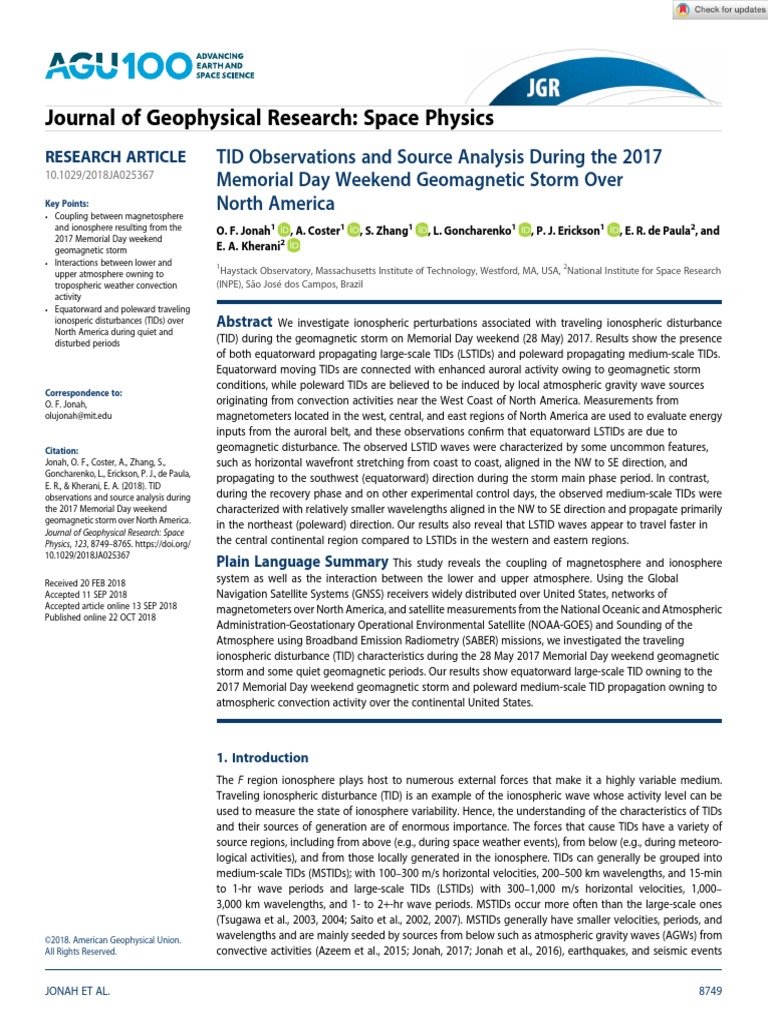 JGR Space Physics - 2018 - Jonah - TID Observations and Source Analysis ...
