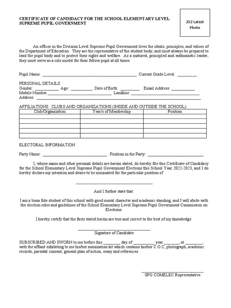 Certificate of Candidacy: SPG Elections | PDF