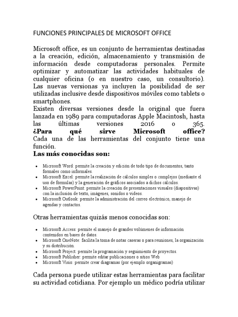 Funciones Principales de Microsoft Office | PDF | Microsoft Office ...