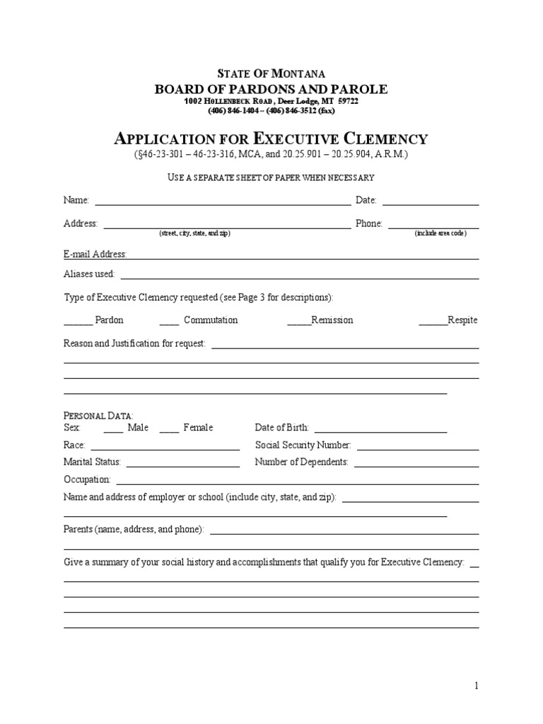 State of Montana Application For Executive Clemency | PDF | Pardon ...