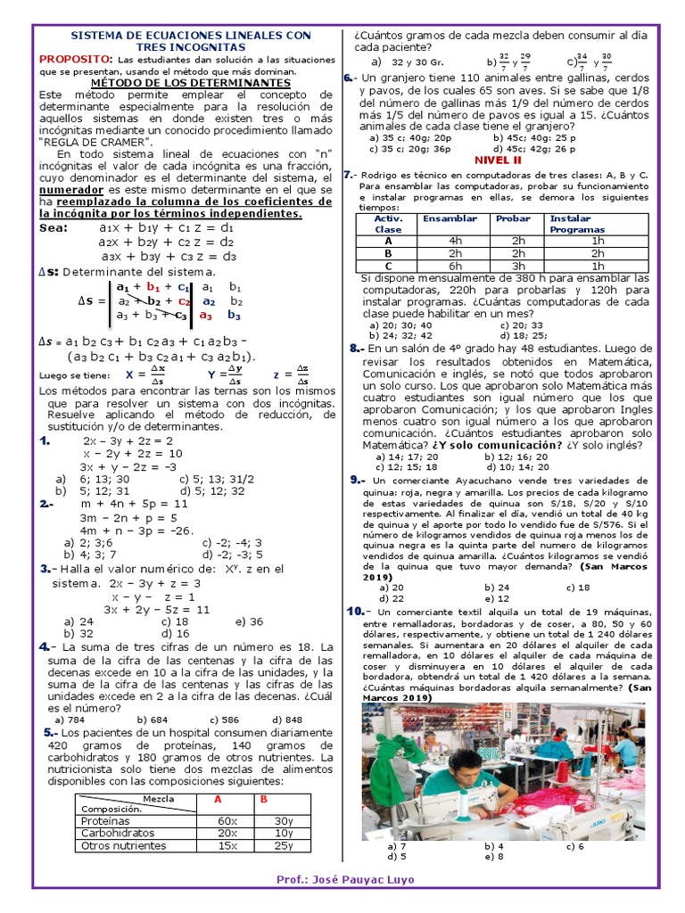 5° Sist. Ecuac. 3 Variables 2023 | PDF | Sistema de ecuaciones lineales | Determinante