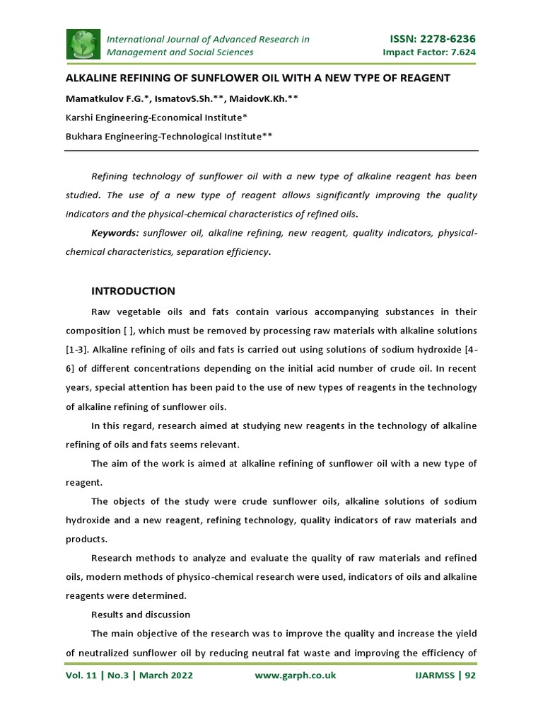 Alkaline Refining of Sunflower Oil With A New Type of Reagent | PDF ...