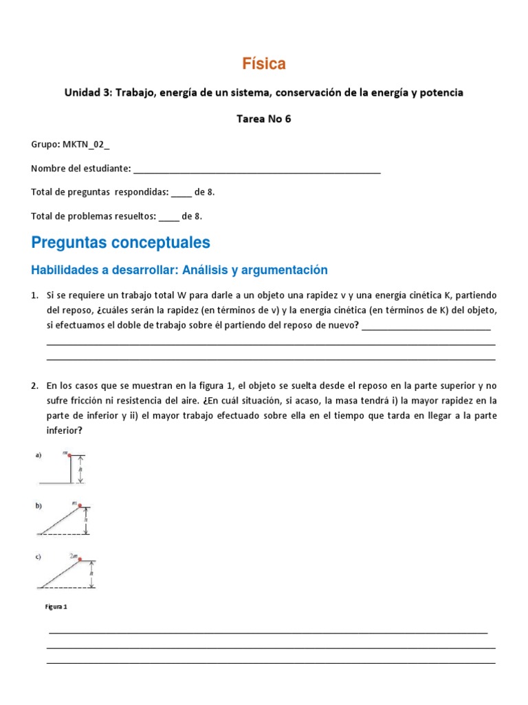Tarea 6 Trabajo y Energía de Un Sistema | PDF | Energía cinética | Fuerza