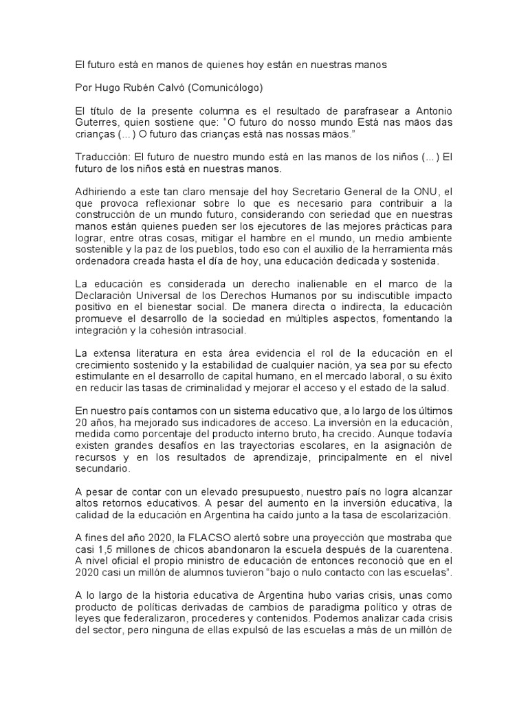 El Futuro Está En Manos De Quienes Hoy Están En Nuestras Manos Pdf Evaluación Enseñando