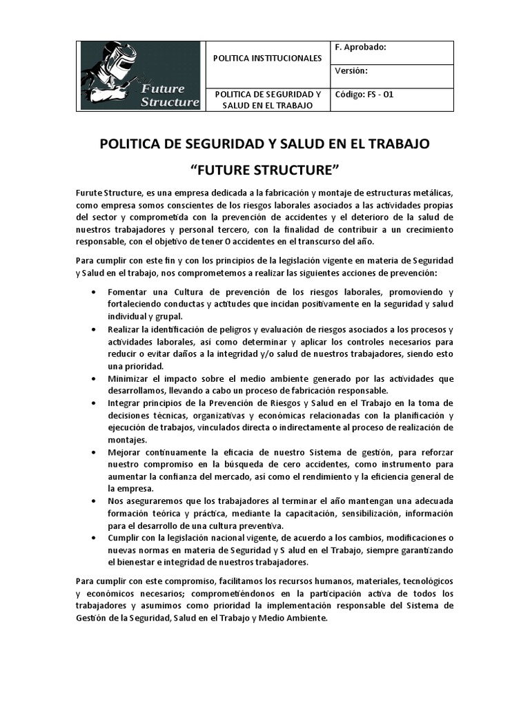 POLITICA DE SEGURIDAD Y SALUD EN EL TRABAJO - Future Structure | PDF | Valores | Seguridad y ...