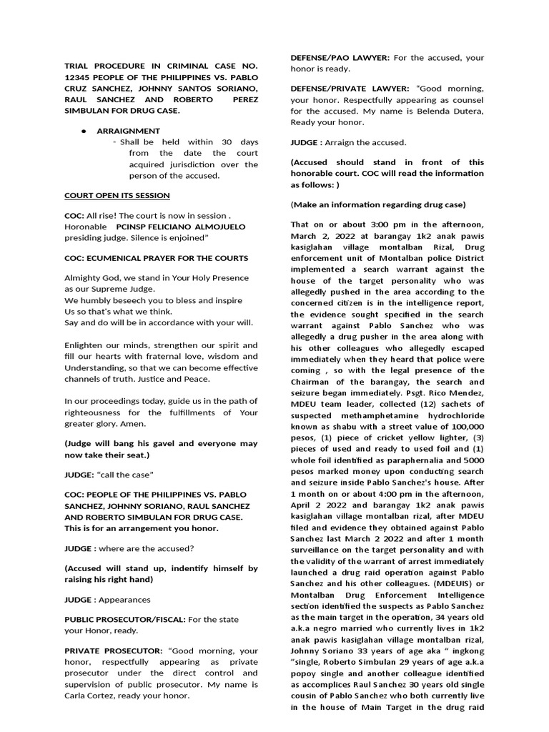 Mock Trial Script-Drugs | PDF | Witness | Plea Mock Trial Script-Drugs | PDF | Witness | Plea