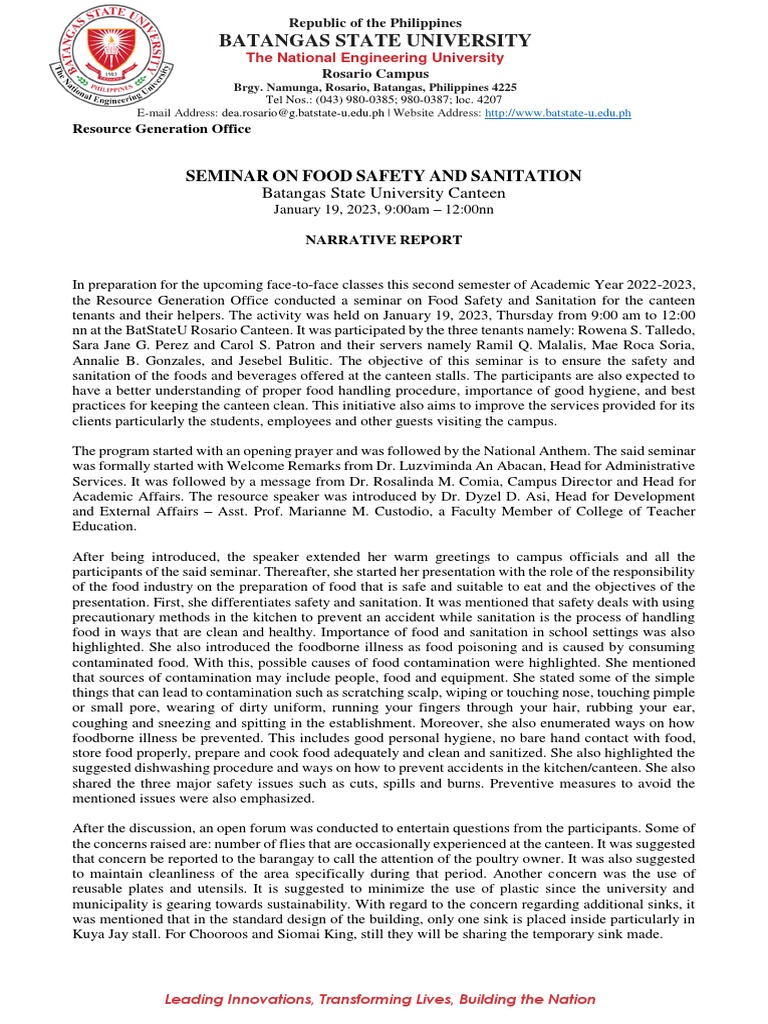 Narrative Report - Food Safety and Sanitation | PDF | Foodborne Illness ...