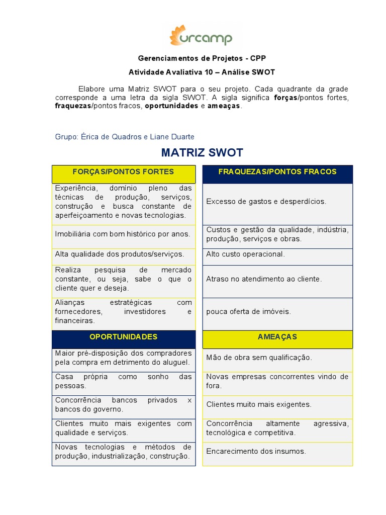 Matriz SWOT para Projetos de Construção | PDF