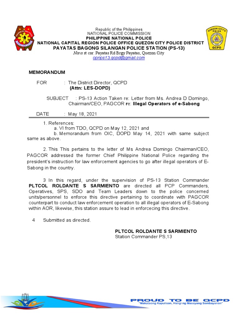 PS-13 Action Taken of Letter From Ms. Andrea D Domingo, ChairmanCEO, PAGCOR Re Illegal Operators ...