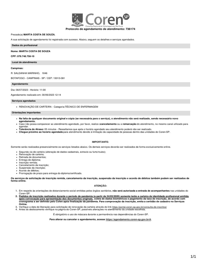 Protocolo Corensp Agendamento | PDF