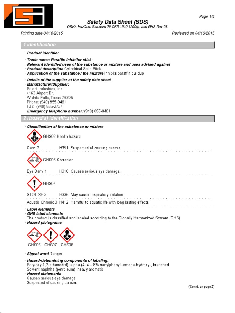 Paraffin Inhibitor Safety Data Sheet | PDF | Dangerous Goods ...